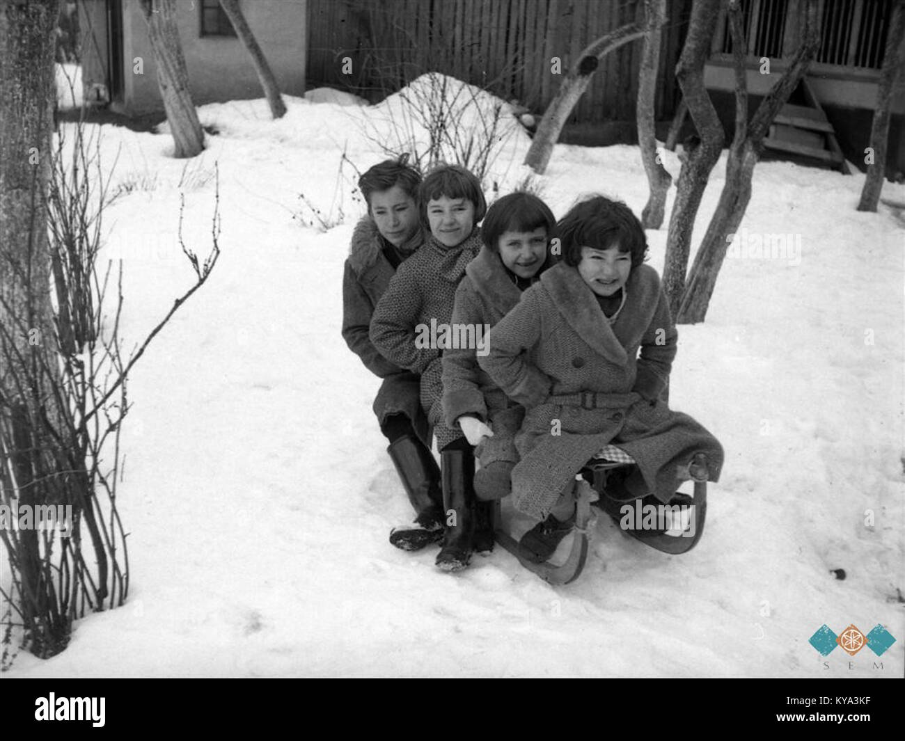 Nagličevi otroci na sankah leta 1934 Stock Photo - Alamy