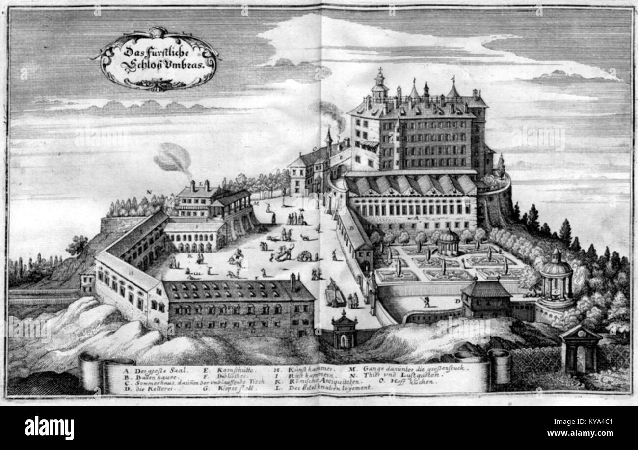 This engraving by Merian shows Schloss Ambras in Austria, a Renaissance ...