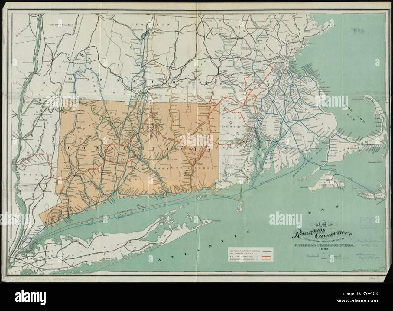 This map shows the railroads of Connecticut, outlining routes and ...