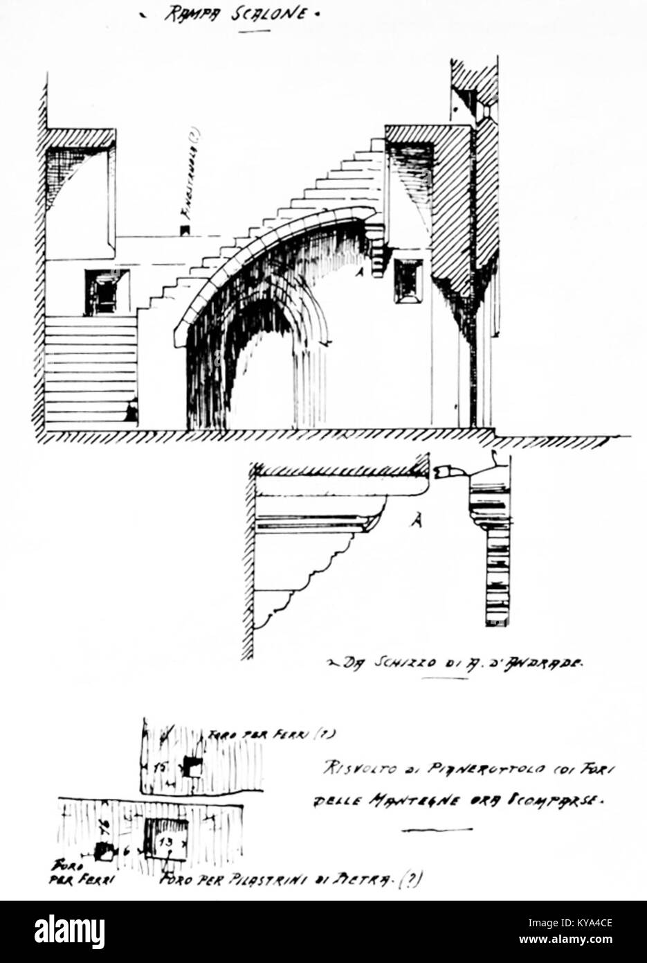 This sketch depicts the ramp and staircase at the Verrès Castle in ...