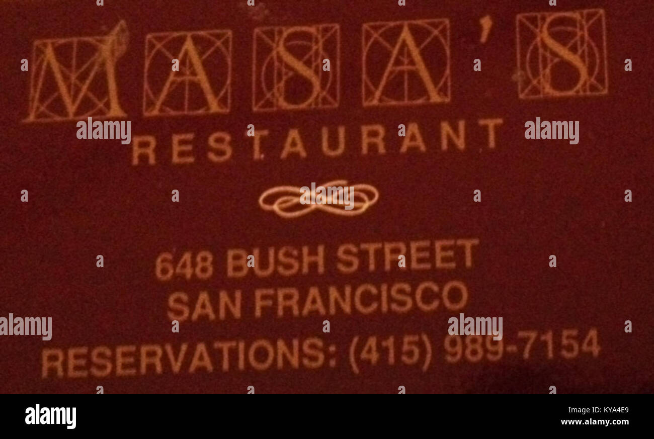 This matchbook cover from Masa's Restaurant in San Francisco showcases ...