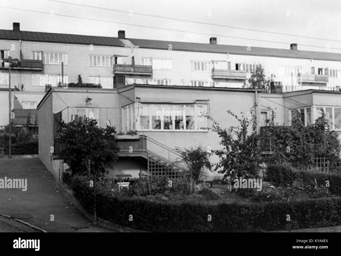 Residential urban buildings along Black and White Stock Photos & Images ...