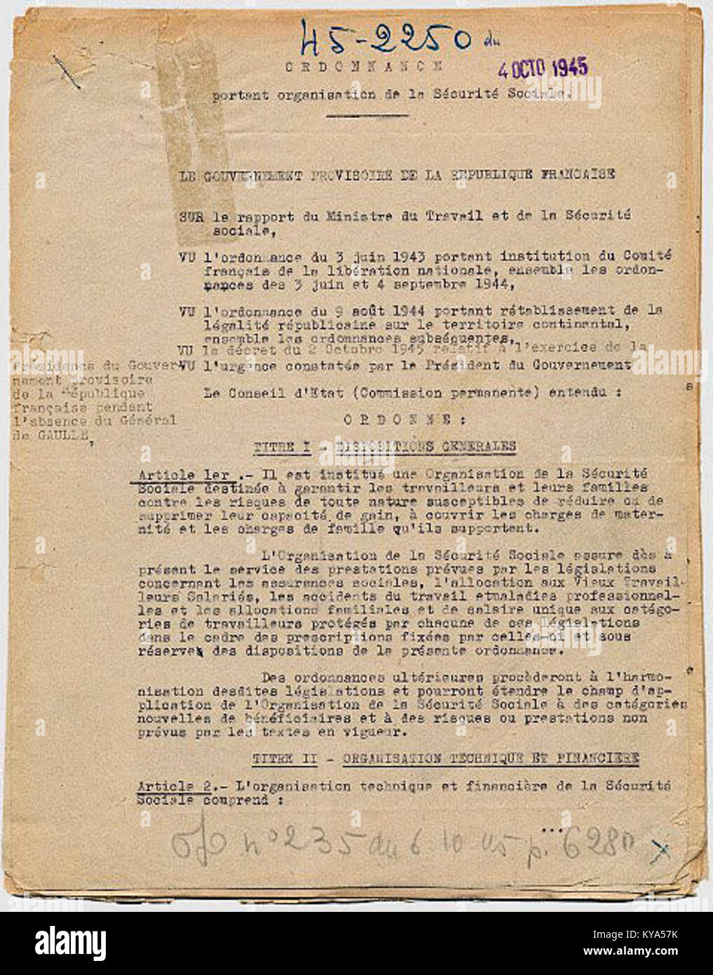 This French ordinance outlines the organization of social security ...