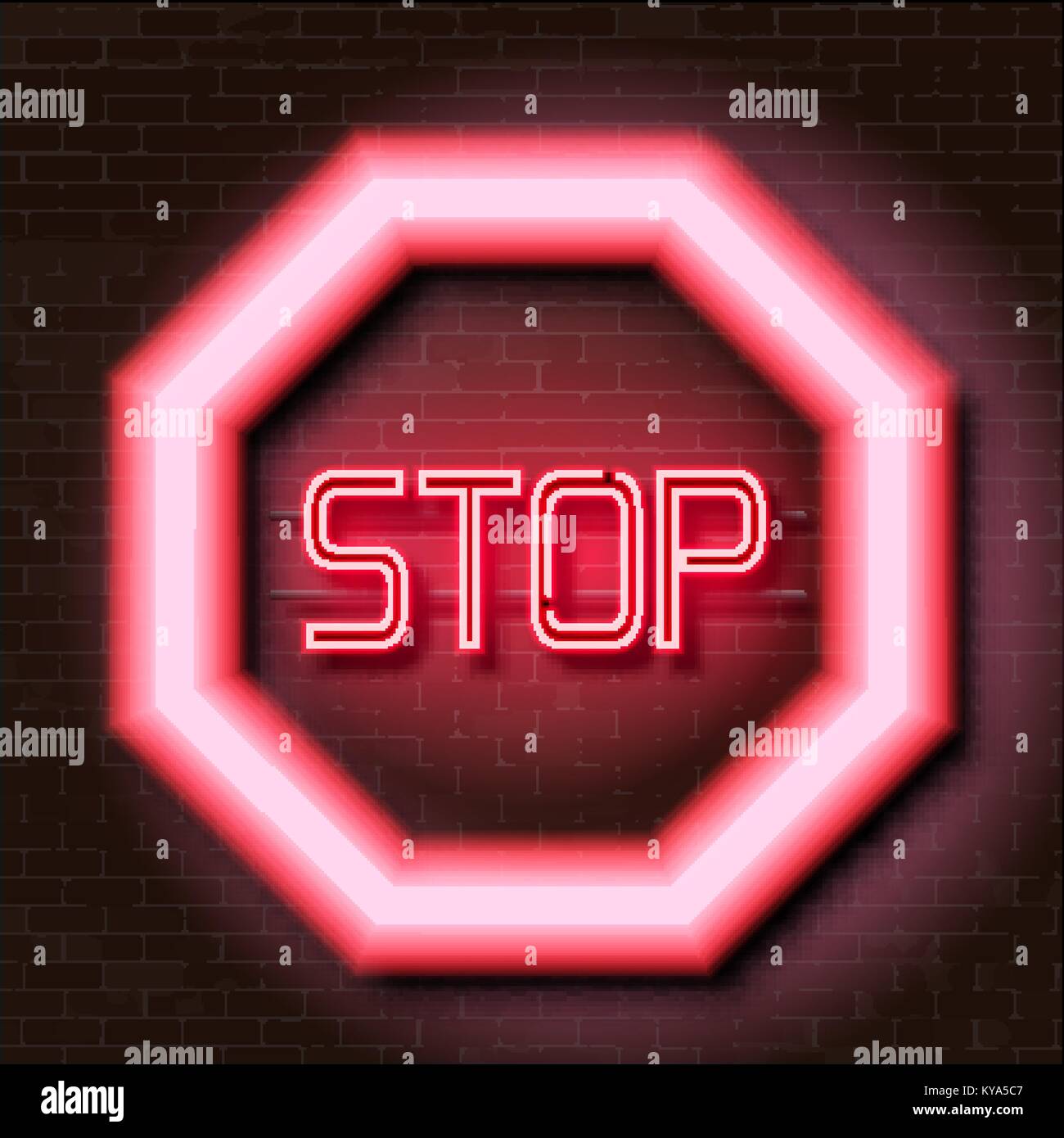 Red STOP sign neon glow on brick wall realistic illustration Stock ...