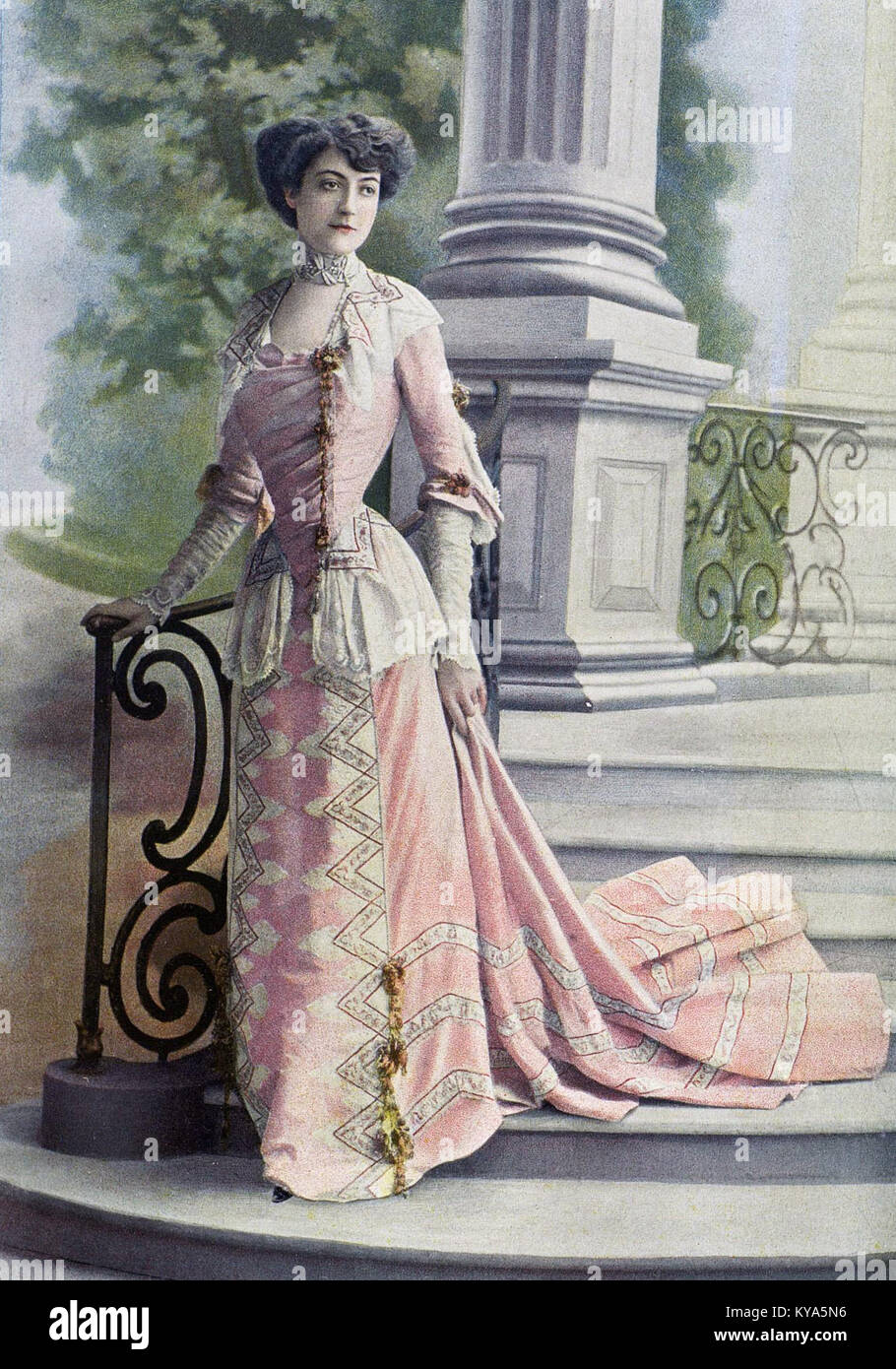 This 1902 image showcases a dinner gown designed by Redfern, a renowned ...