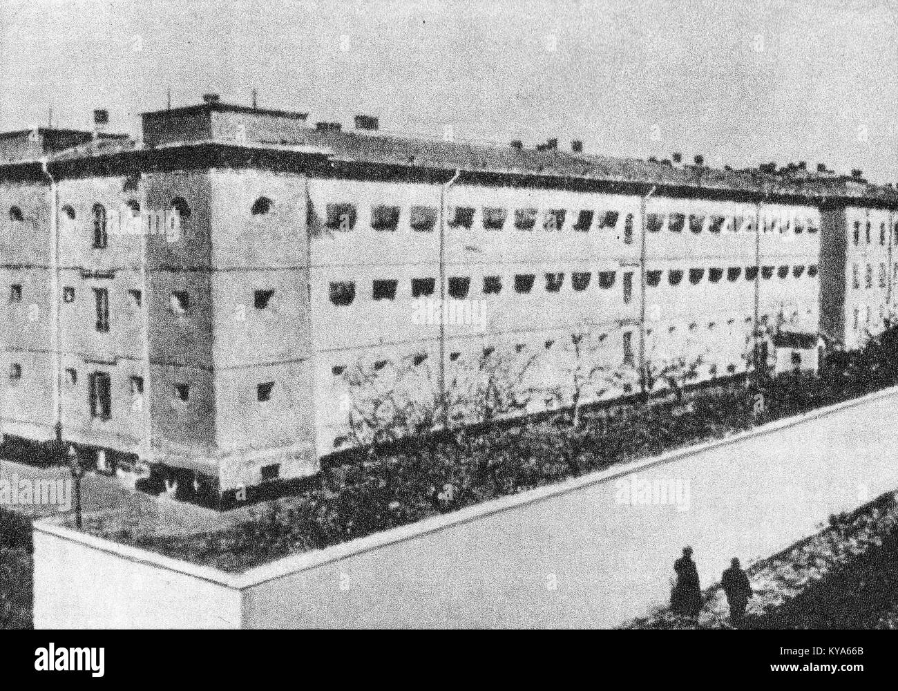 This image shows the Pawiak Prison in Warsaw, Poland, before 1939, a notable historical site ...