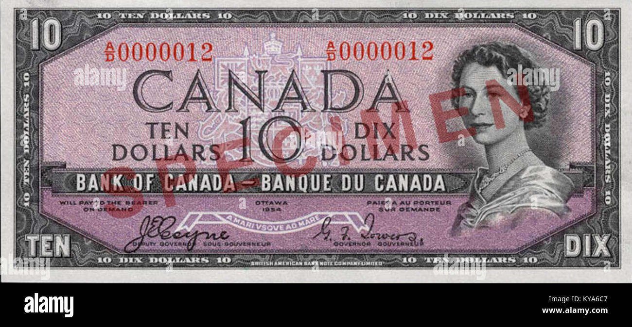 The obverse of the 1954 Canadian $10 banknote, featuring the 'Devil's ...