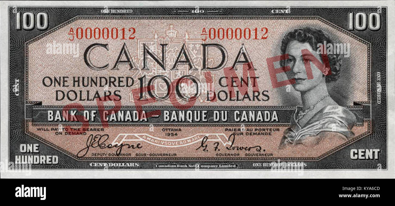 The obverse of the 1954 Canadian $100 banknote, featuring the 'Devil's ...