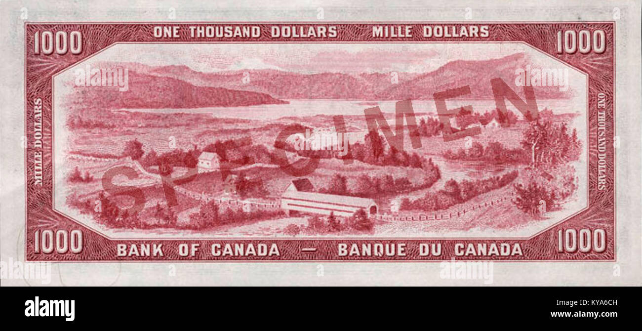 Reverse of $1000 banknote, Canada 1954 Series, 'Devil's Head' printing ...
