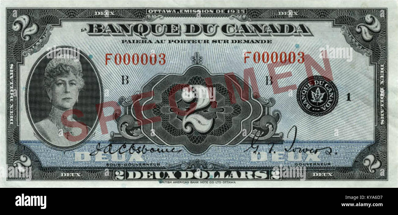 The 1935 Canadian $2 banknote obverse displays King George V ...
