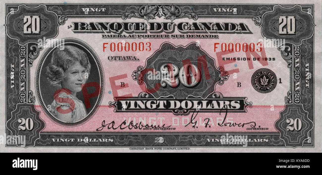 Obverse of $20 banknote, Canada 1935 Series, French version Stock Photo ...