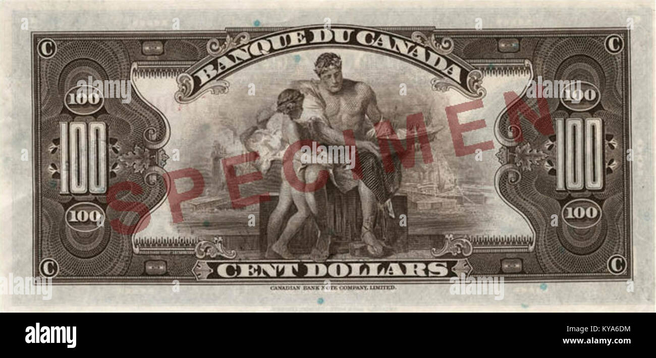 The reverse of the 1935 Canadian $100 banknote (French version ...