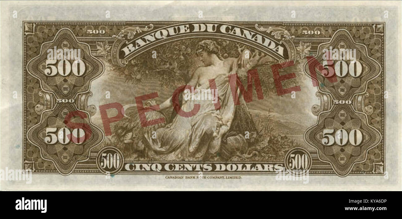 The reverse side of the 1935 Canadian $500 banknote, featuring ...