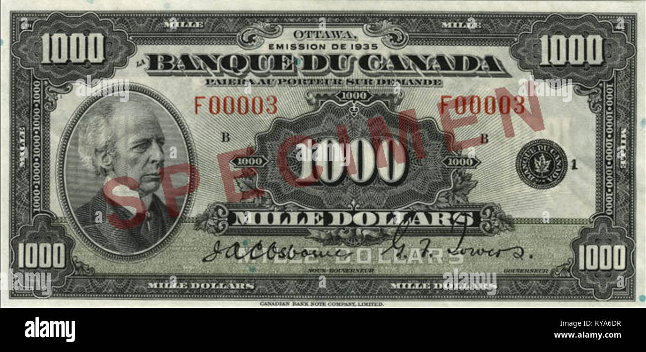 Obverse of $1000 banknote, Canada 1935 Series, French version Stock ...