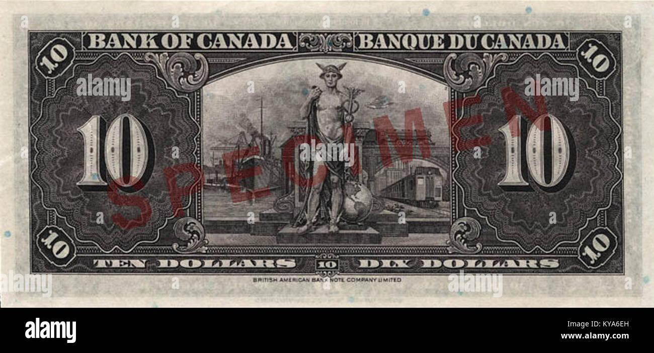Reverse of $10 banknote, Canada 1937 Series Stock Photo - Alamy