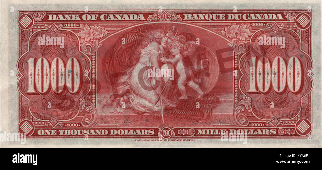 Reverse of $1000 banknote, Canada 1937 Series Stock Photo - Alamy