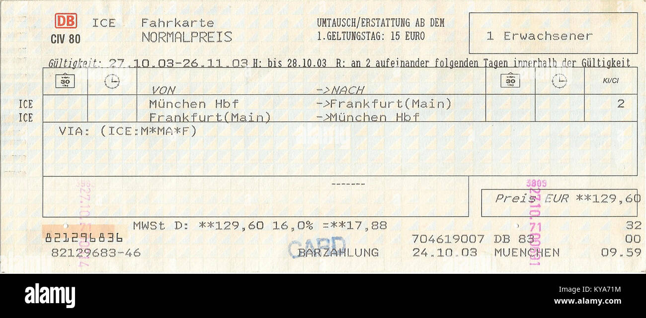 Papierne Fahrkarte Deutsche Bahn für die Fahrten München Hbf ↔ ...