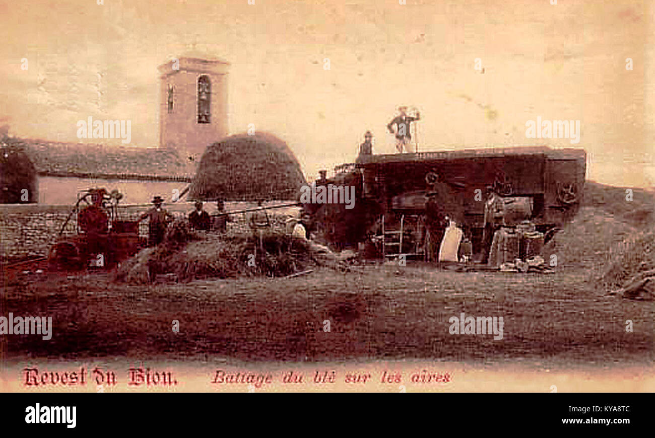 Wheat threshing at Revest-du-Bion, France, early 20th century, showing ...