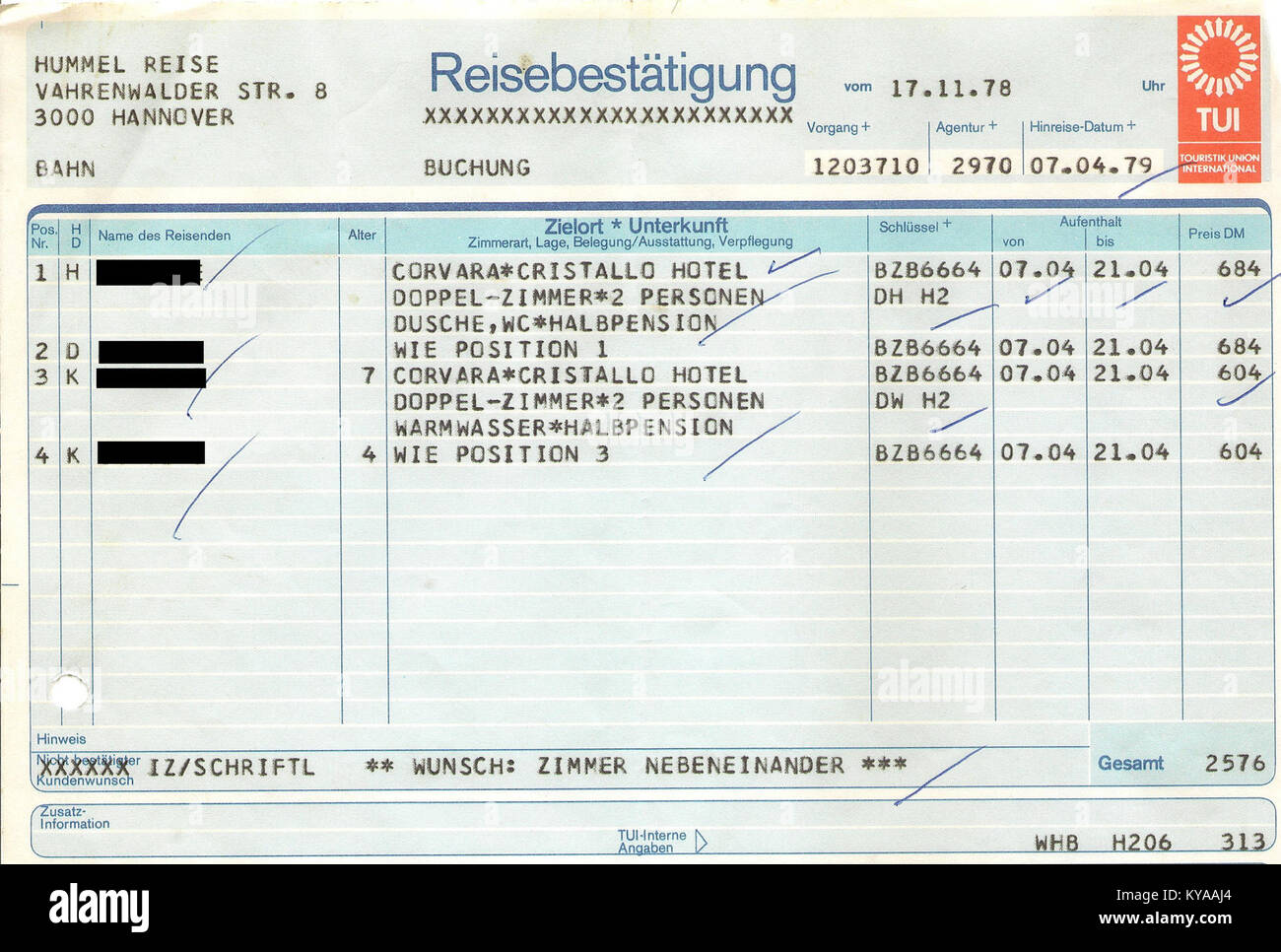 The TUI travel confirmation from 1978 refers to a planned trip to ...