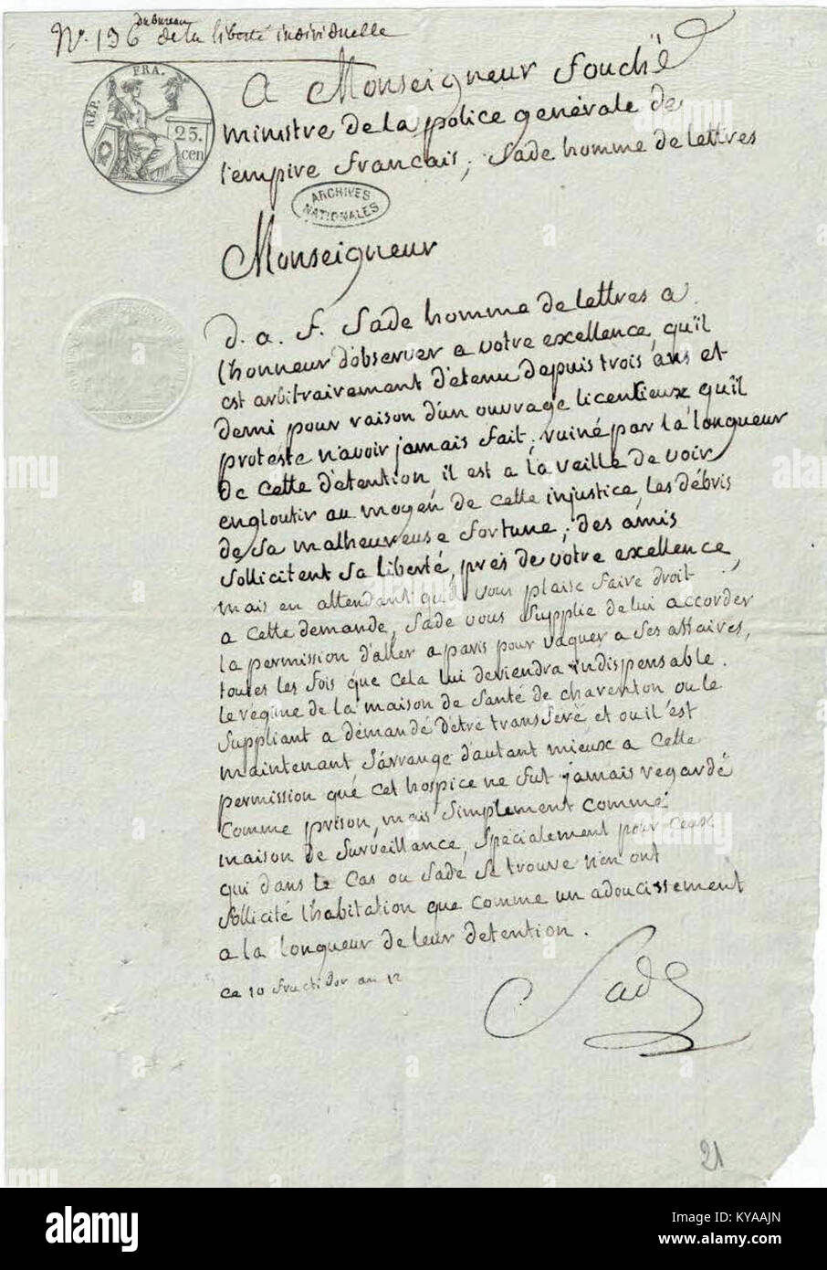 A petition written by the Marquis de Sade to Joseph Fouché during the ...