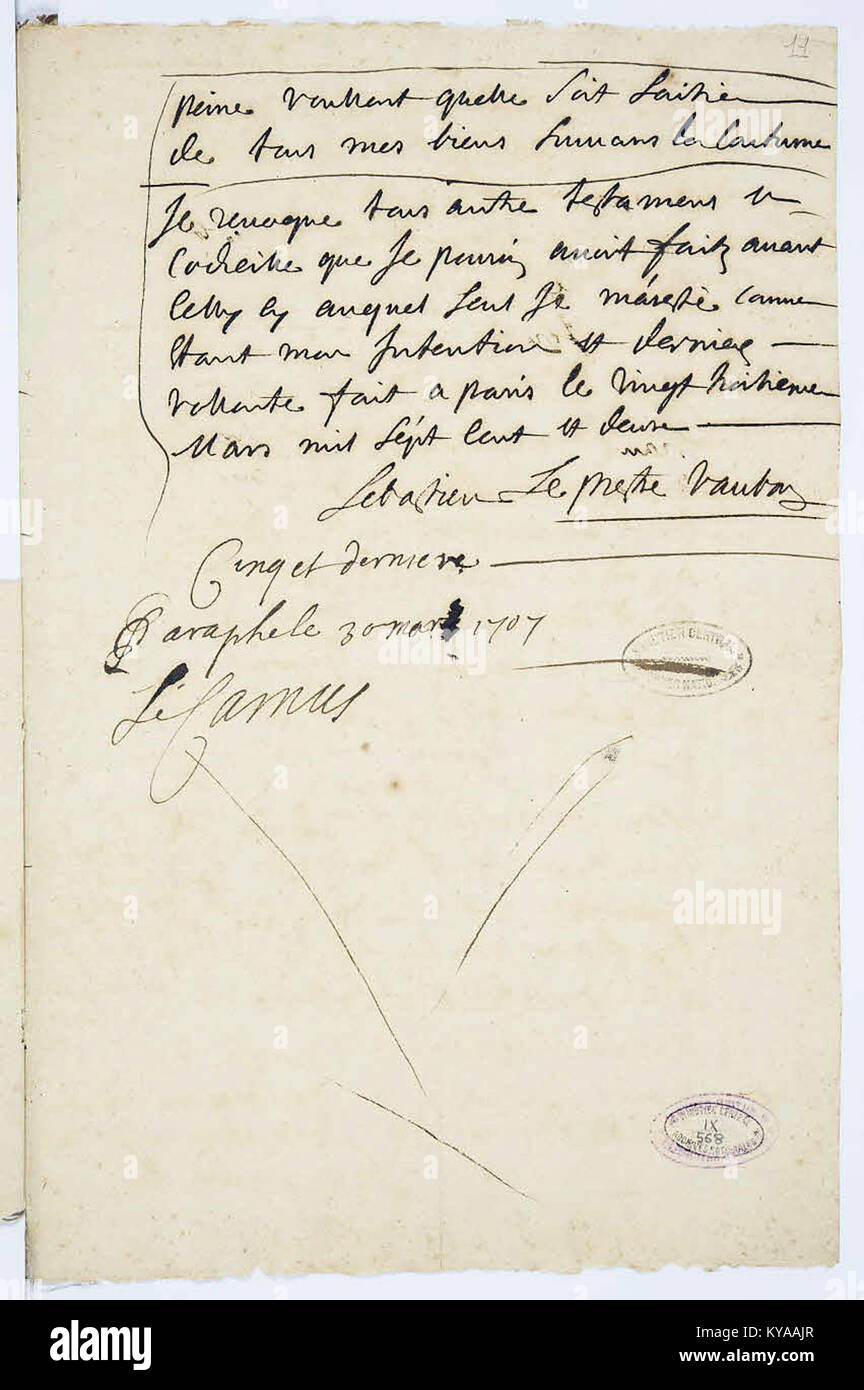 The last will of Sébastien Le Prestre de Vauban, French military ...