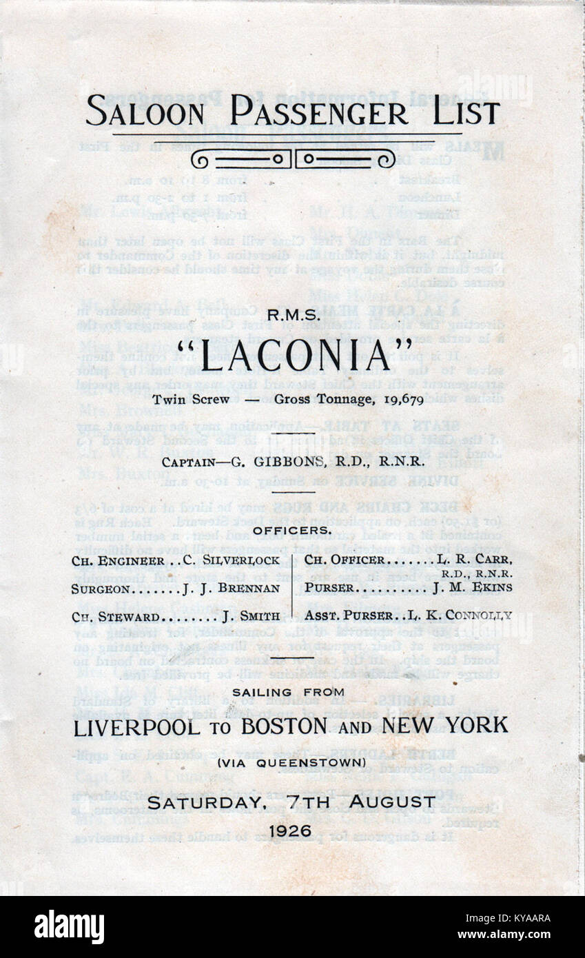 This document lists the saloon passengers aboard the RMS 'Laconia' in ...
