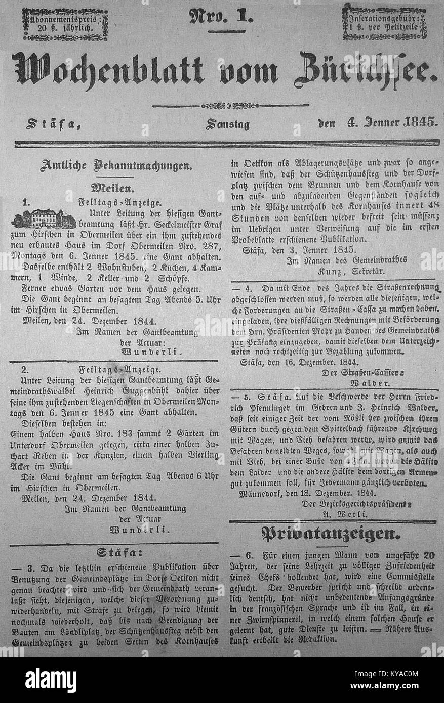 Historical weekly newspaper 'Wochenblatt vom Zürichsee', documenting ...