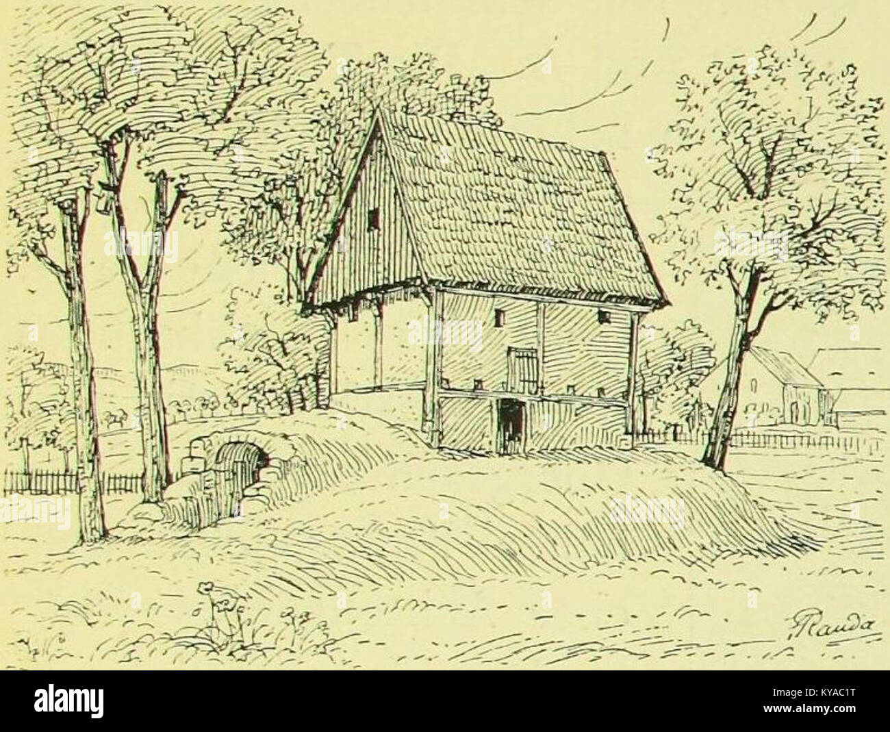 The image depicts the Hussitenhaus, a historic building associated with ...