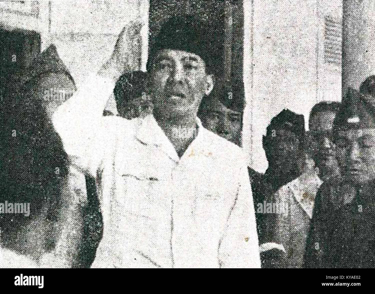 A photograph of Sukarno, the first president of Indonesia, addressing ...