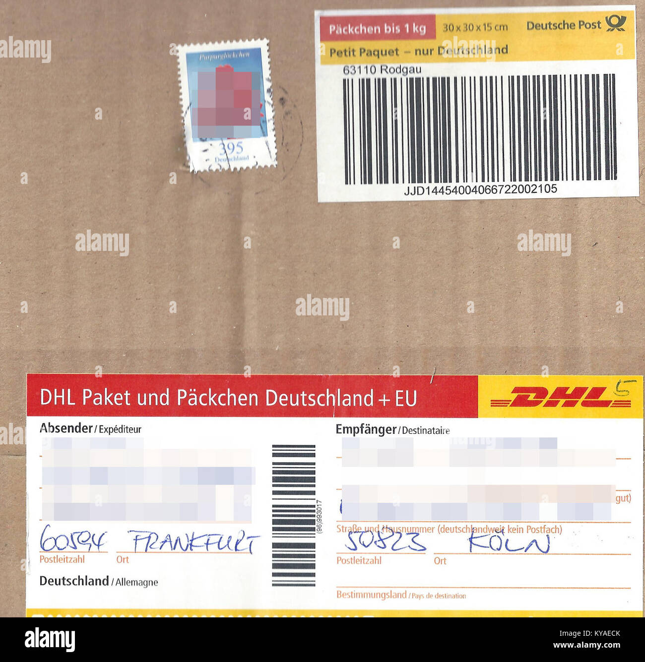 This image shows a package label with a stamp from DHL, dated 2015. The ...