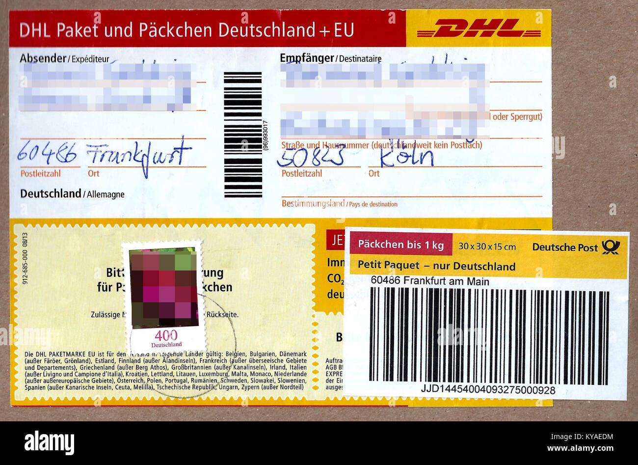A postage sticker from a DHL parcel, issued in 2016, reflecting modern ...