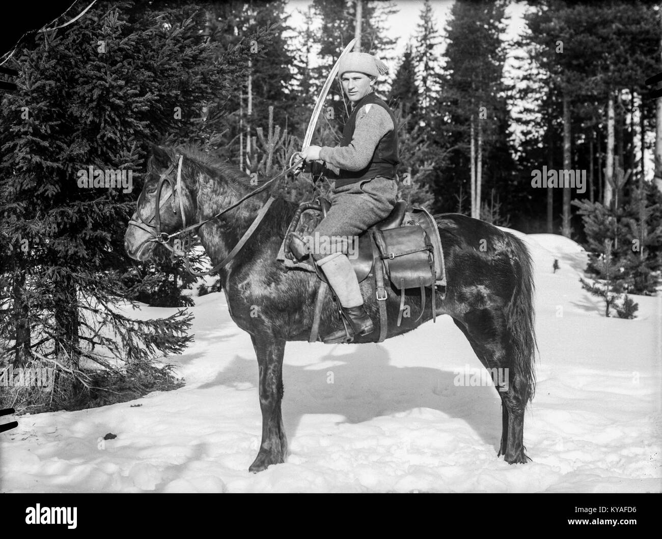 Photograph of a Red Guard member in Turku cavalry in Ruovesi, Finland ...