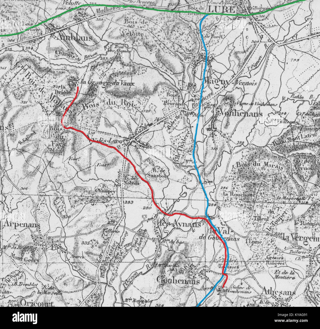 Historical map showing coal mining routes near Vy-lès-Lure and Saline ...