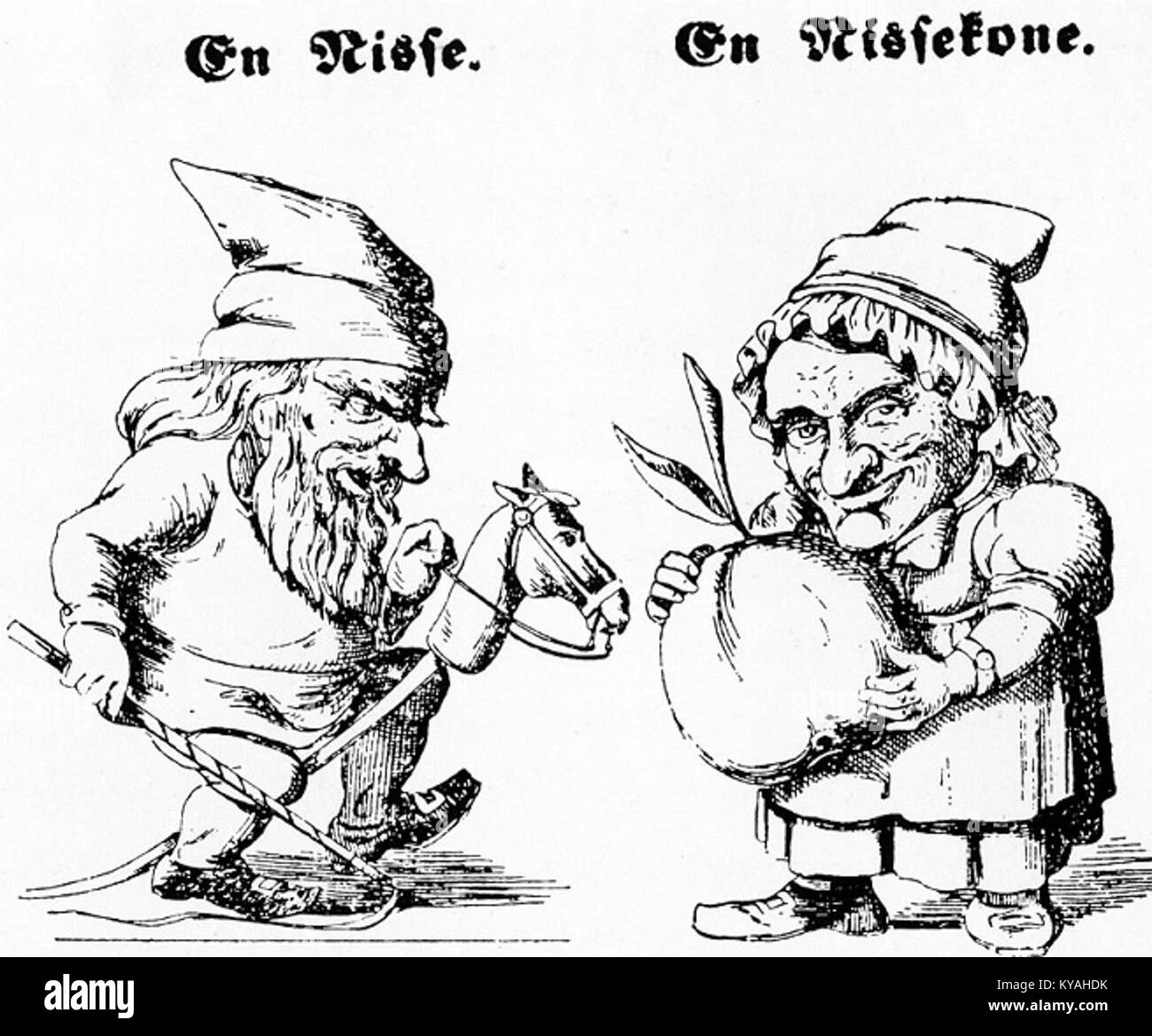 The illustration 'Nissemand og Nissekone' from 1858 depicts ...