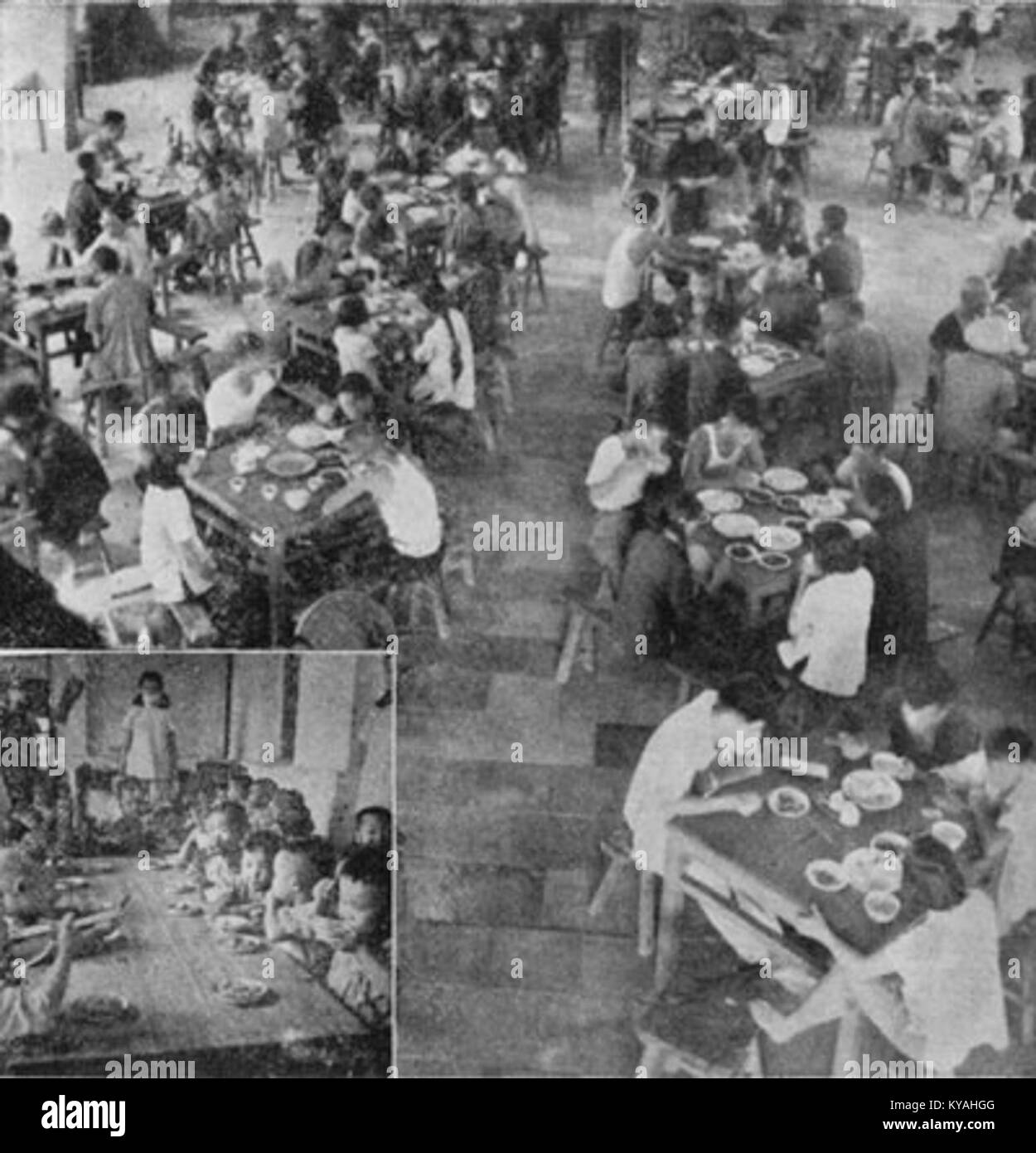 A historical photograph of a people's common canteen, representing a ...
