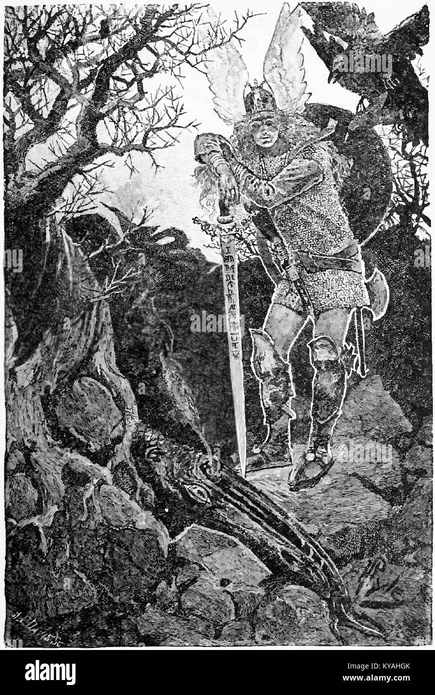 An illustration by Howard Pyle depicting the death of the dragon Fafnir ...