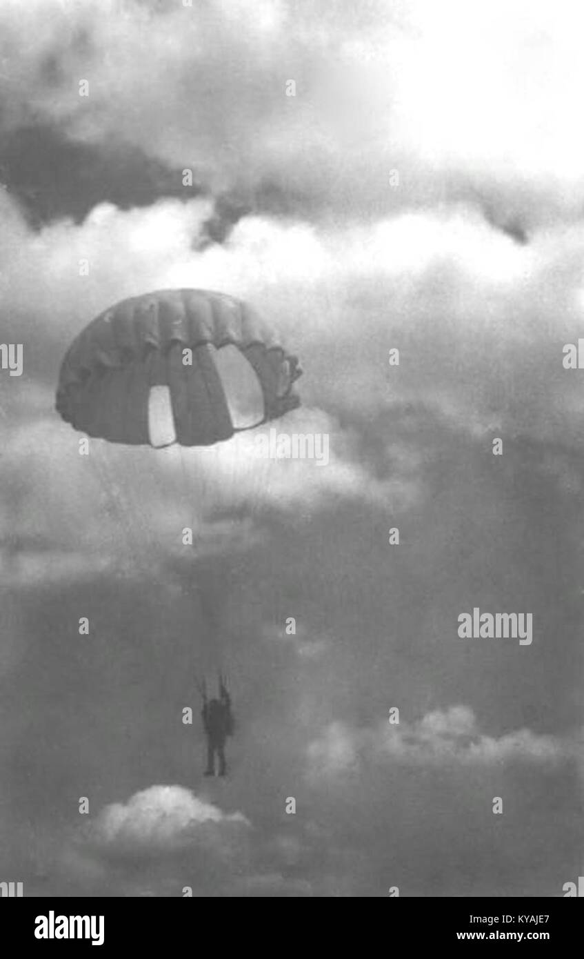 A work by Stanisław Sirko illustrating a parachute descent, depicting ...
