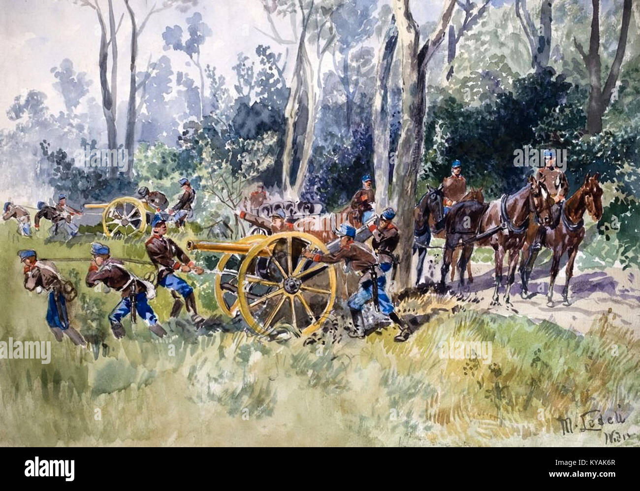 This image depicts Austrian artillerymen (Kanoniere) setting up cannons ...