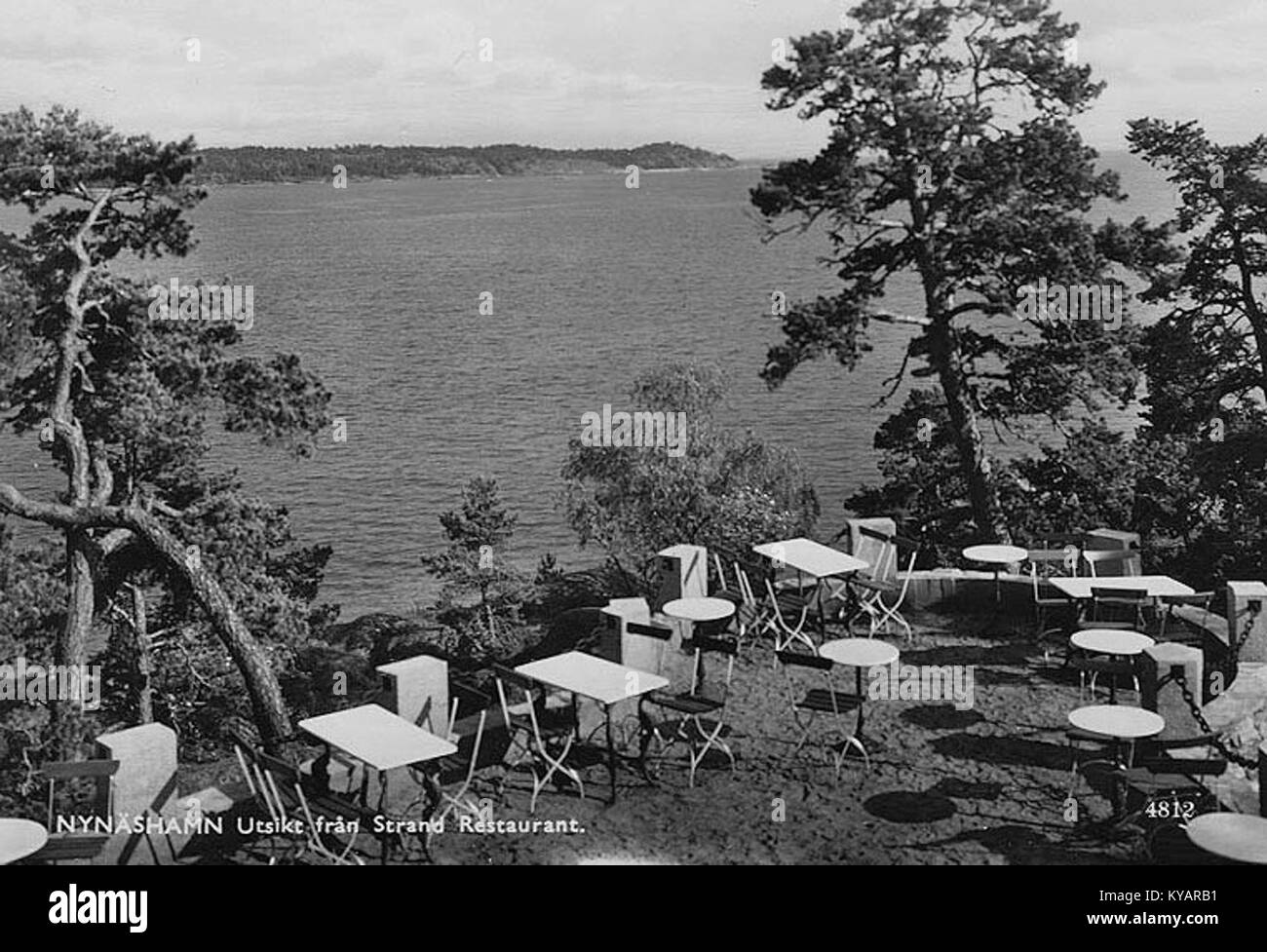 The postcard depicts the view from Strand Restaurang, showing the ...