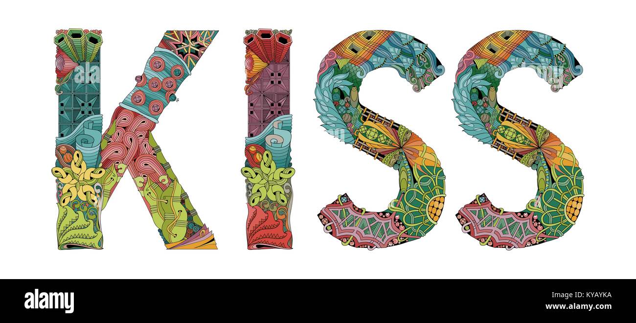 Hand-painted art design. Hand drawn illustration word kiss for t-shirt ...