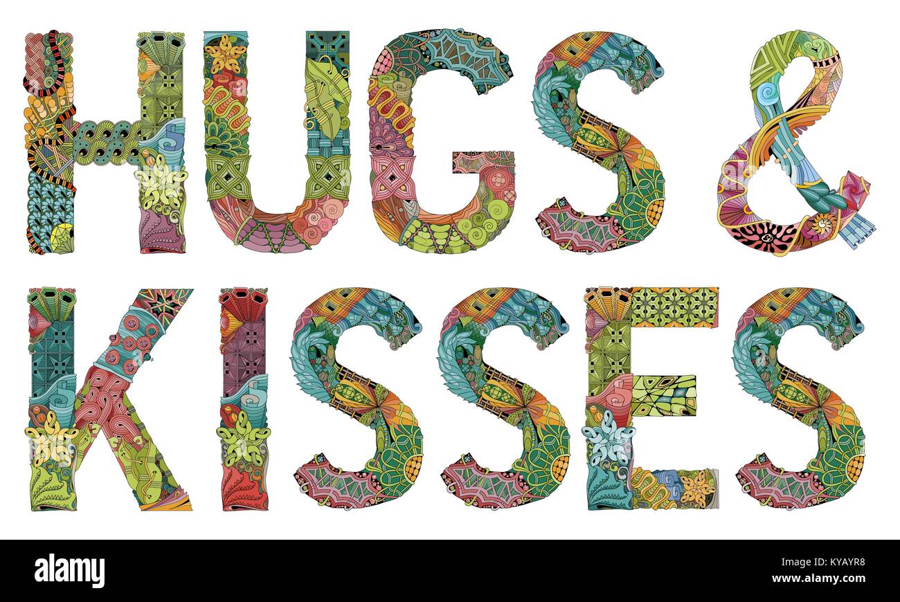 Hand-painted art design. Hand drawn illustration words hugs and kisses ...