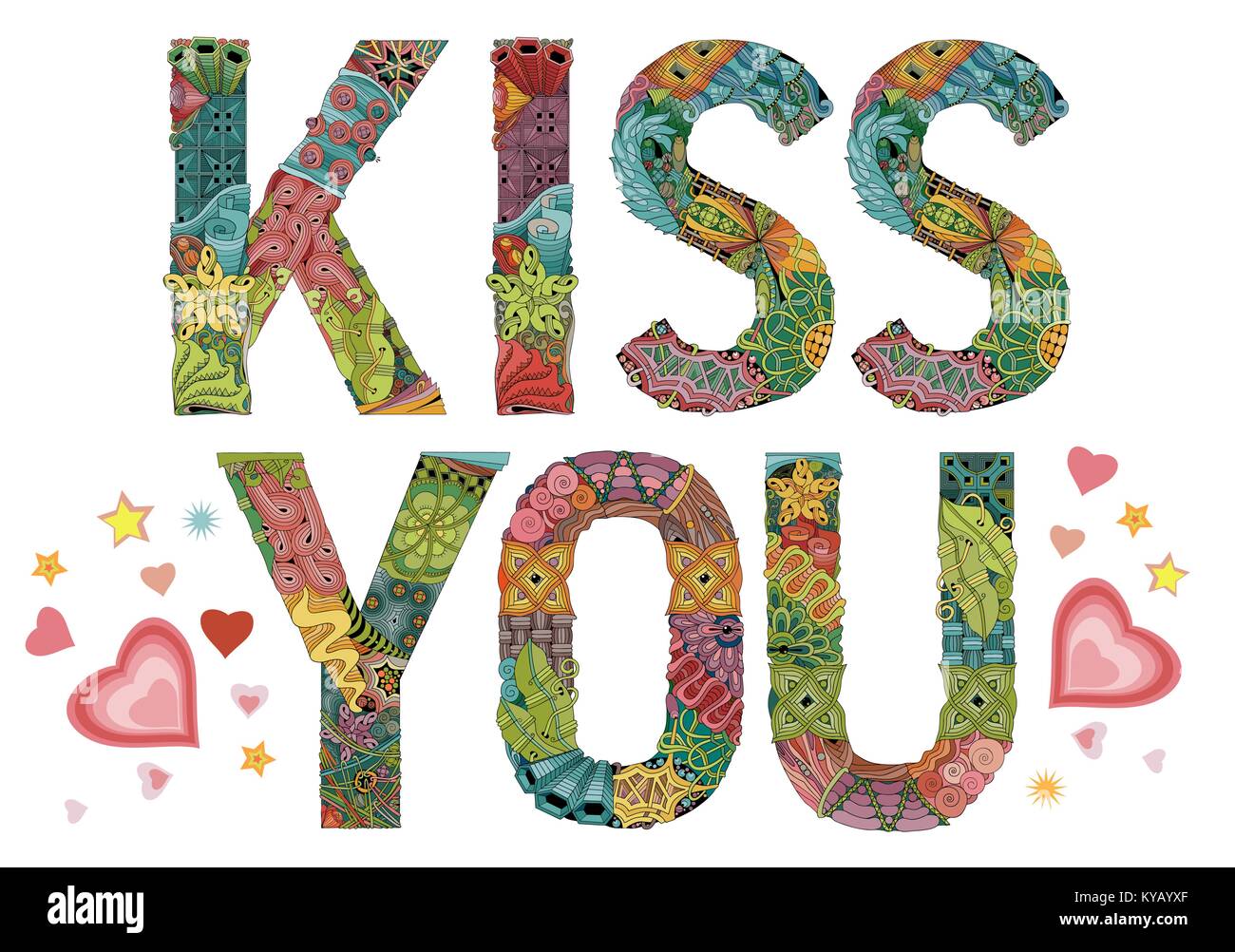 Hand-painted art design. Hand drawn illustration word kiss you for t ...