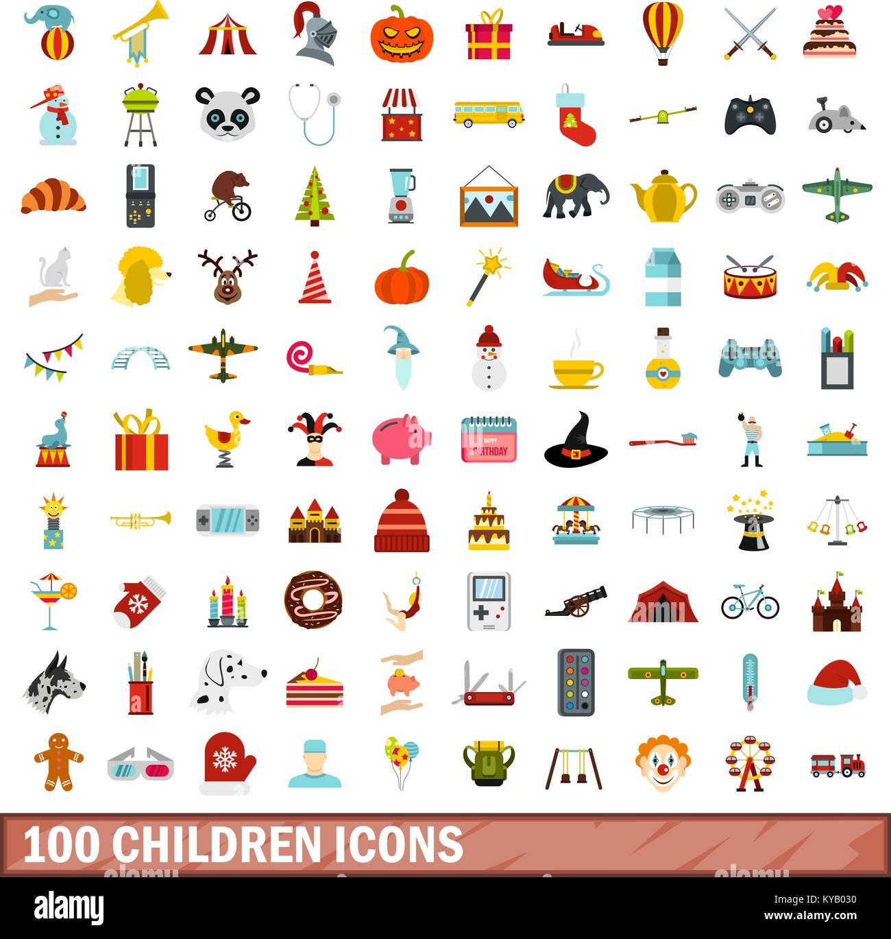 100 children icons set in flat style for any design vector illustration ...