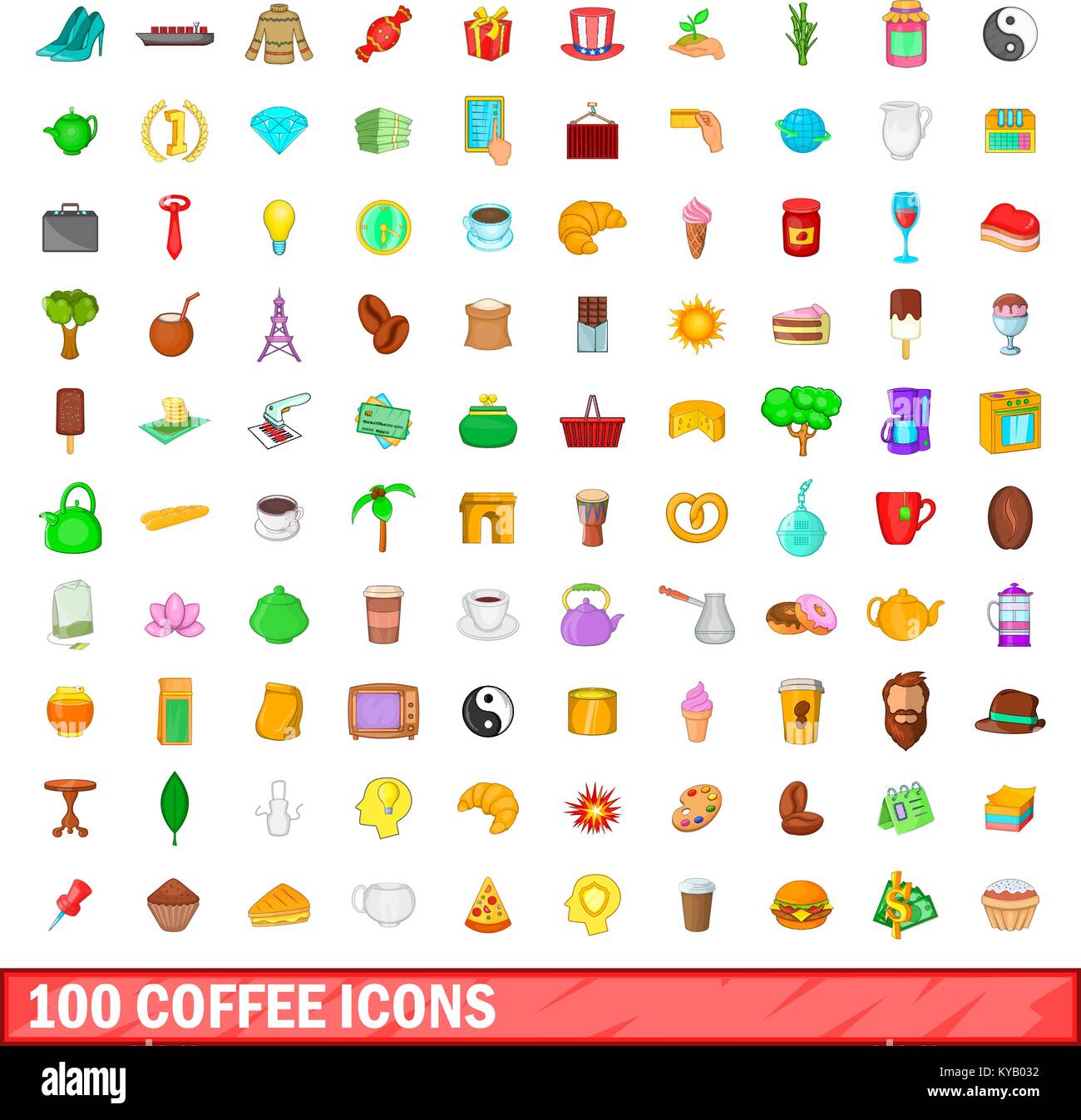 100 coffee icons set in cartoon style for any design vector ...