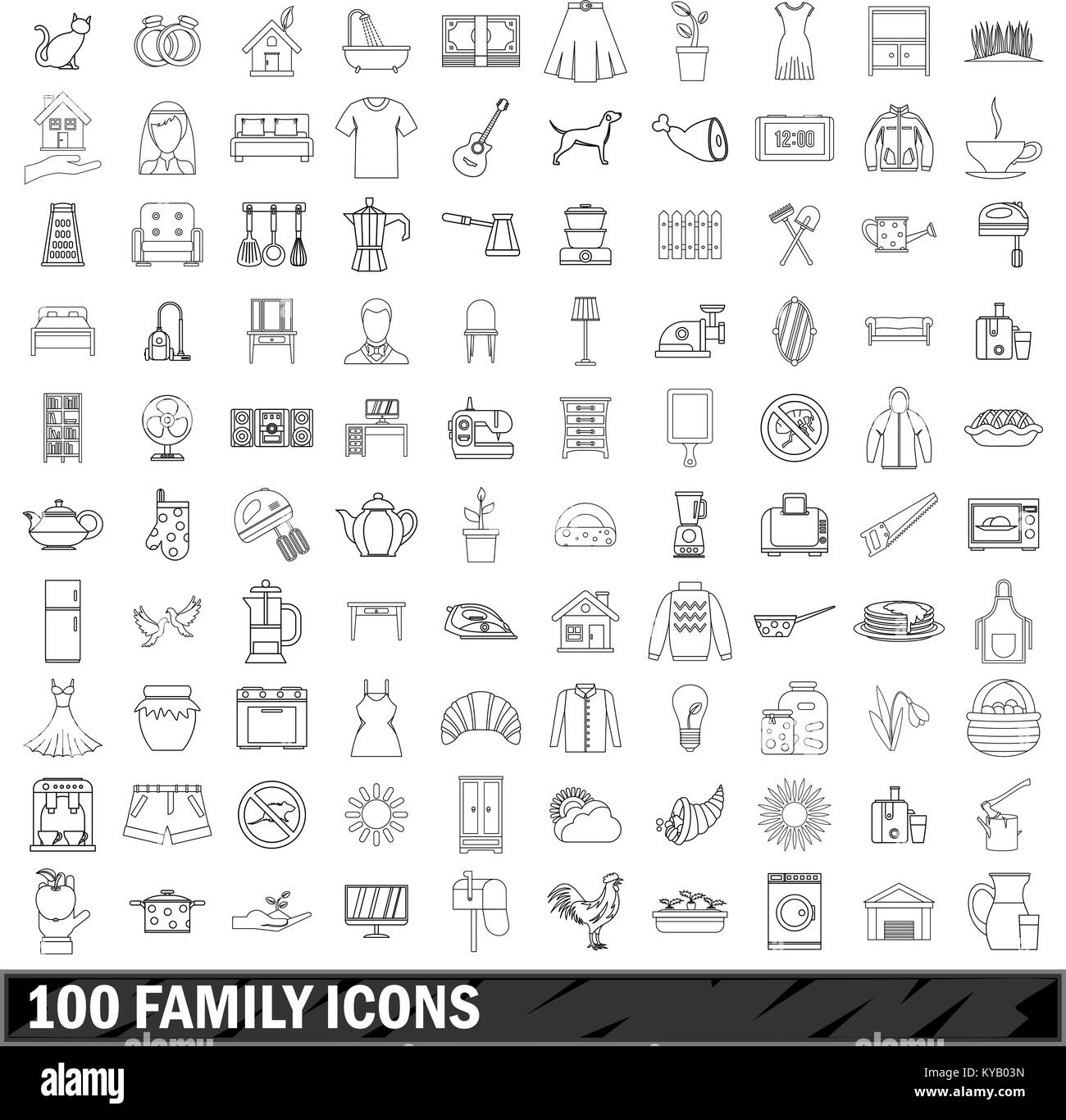 100 family icons set in outline style for any design vector ...