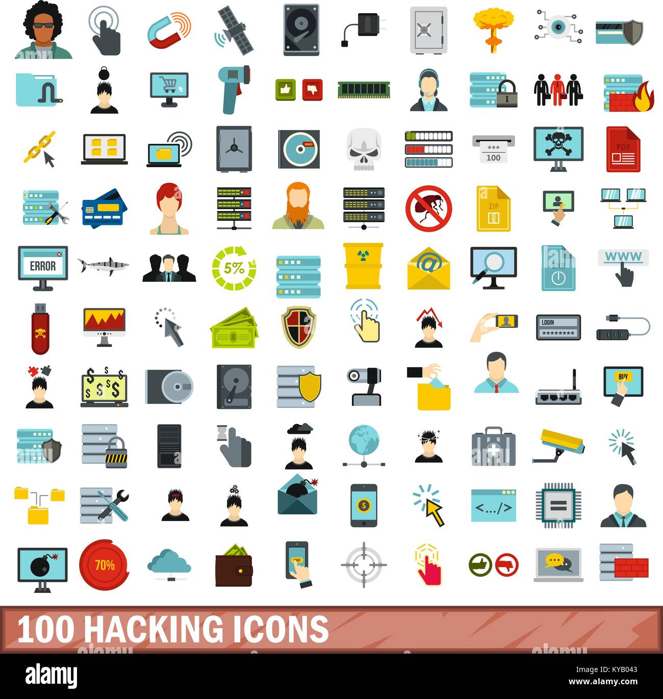 100 hacking icons set in flat style for any design vector illustration ...