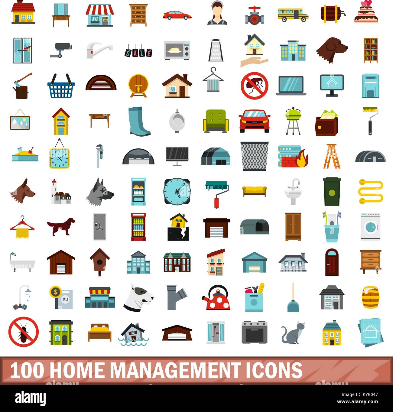 100 home management icons set in flat style for any design vector ...