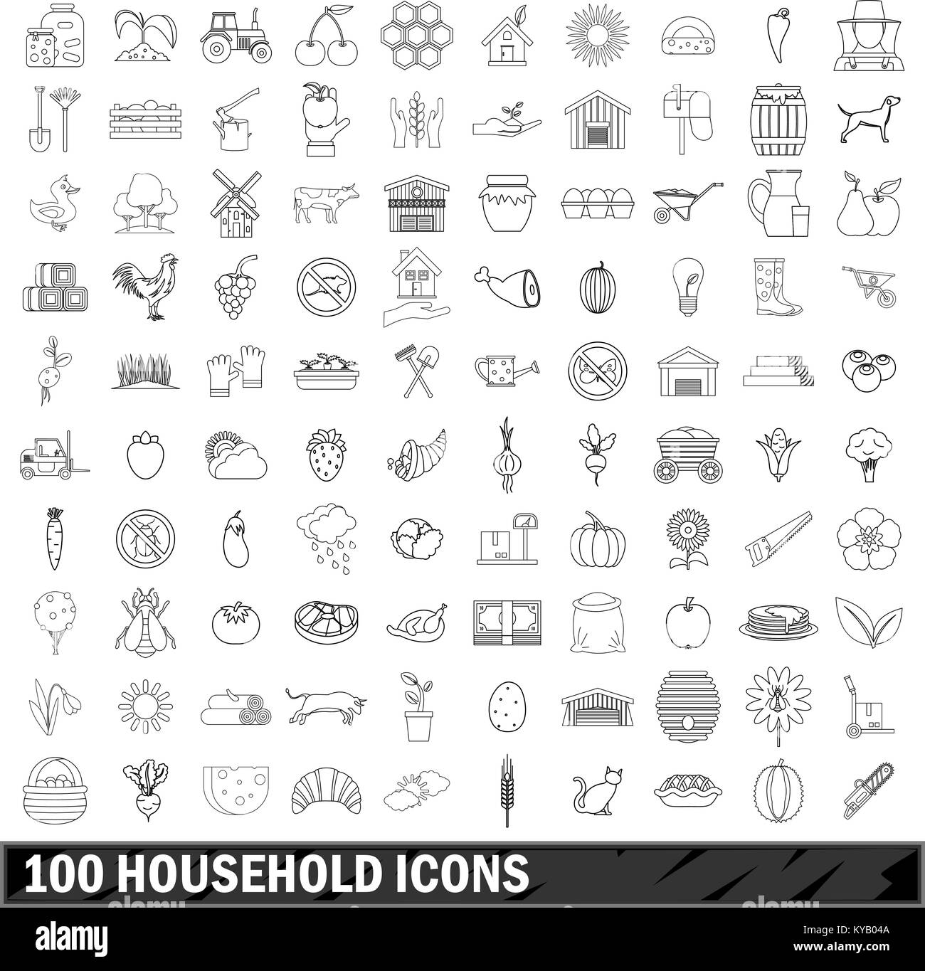 100 household icons set in outline style for any design vector ...