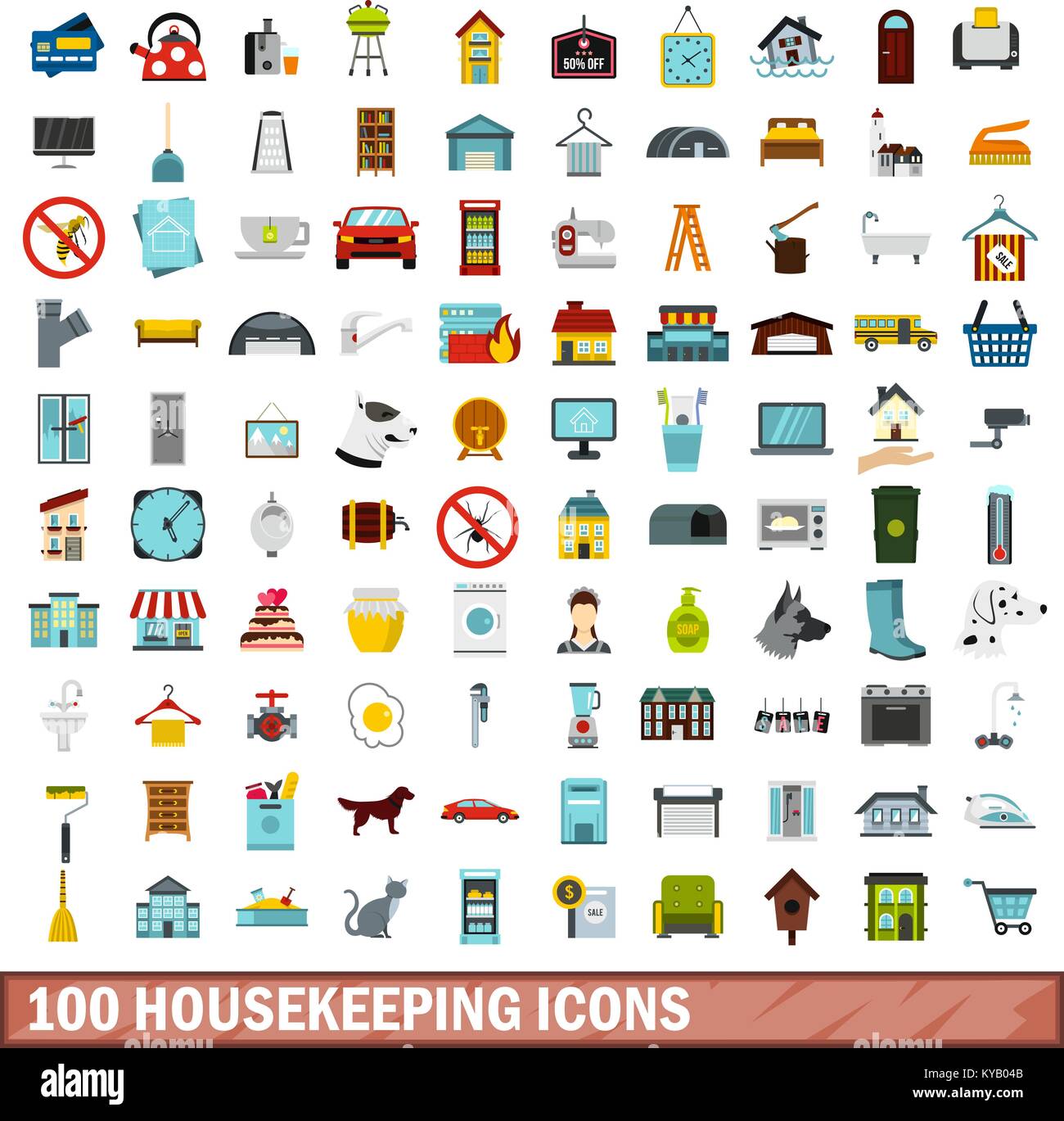 100 housekeeping icons set in flat style for any design vector ...