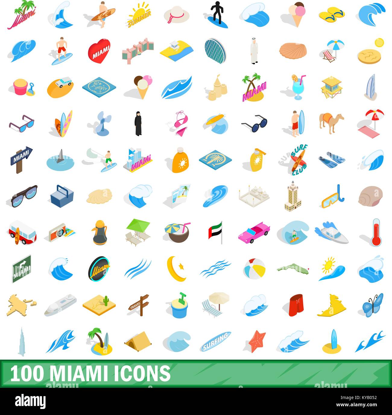 100 miami icons set in isometric 3d style for any design vector ...